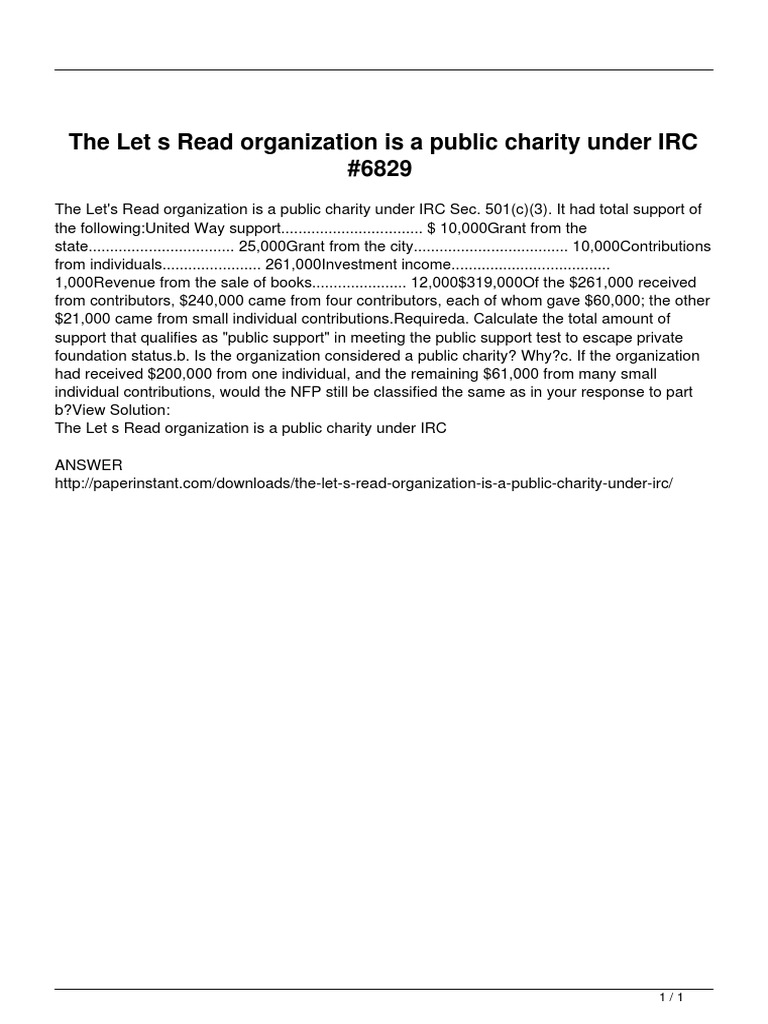 The Let S Read Organization Is A Public Charity Under Irc | PDF