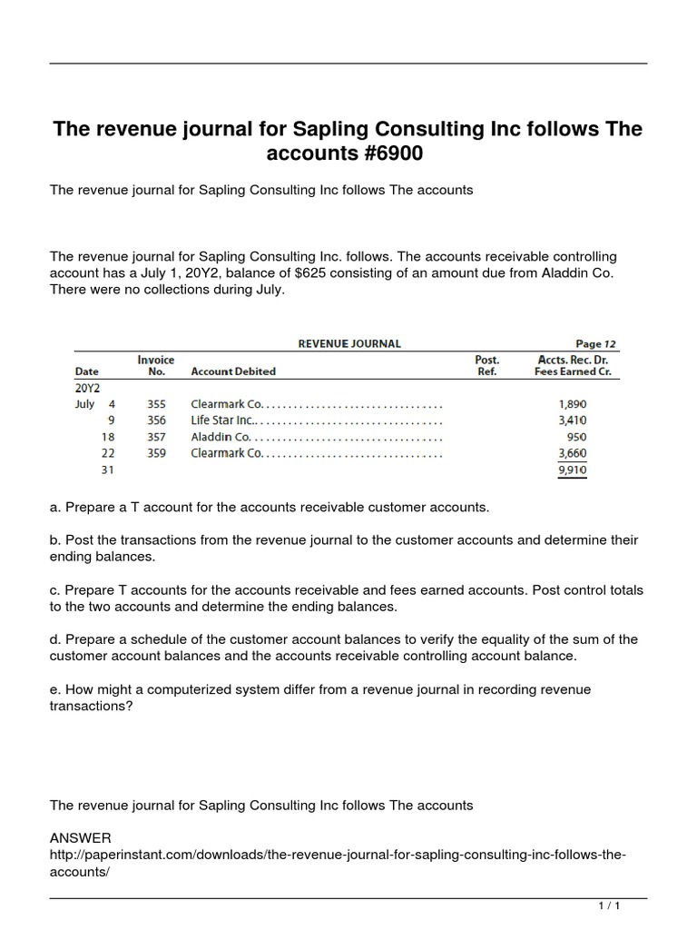 The Revenue Journal For Sapling Consulting Inc Follows The Accounts | PDF