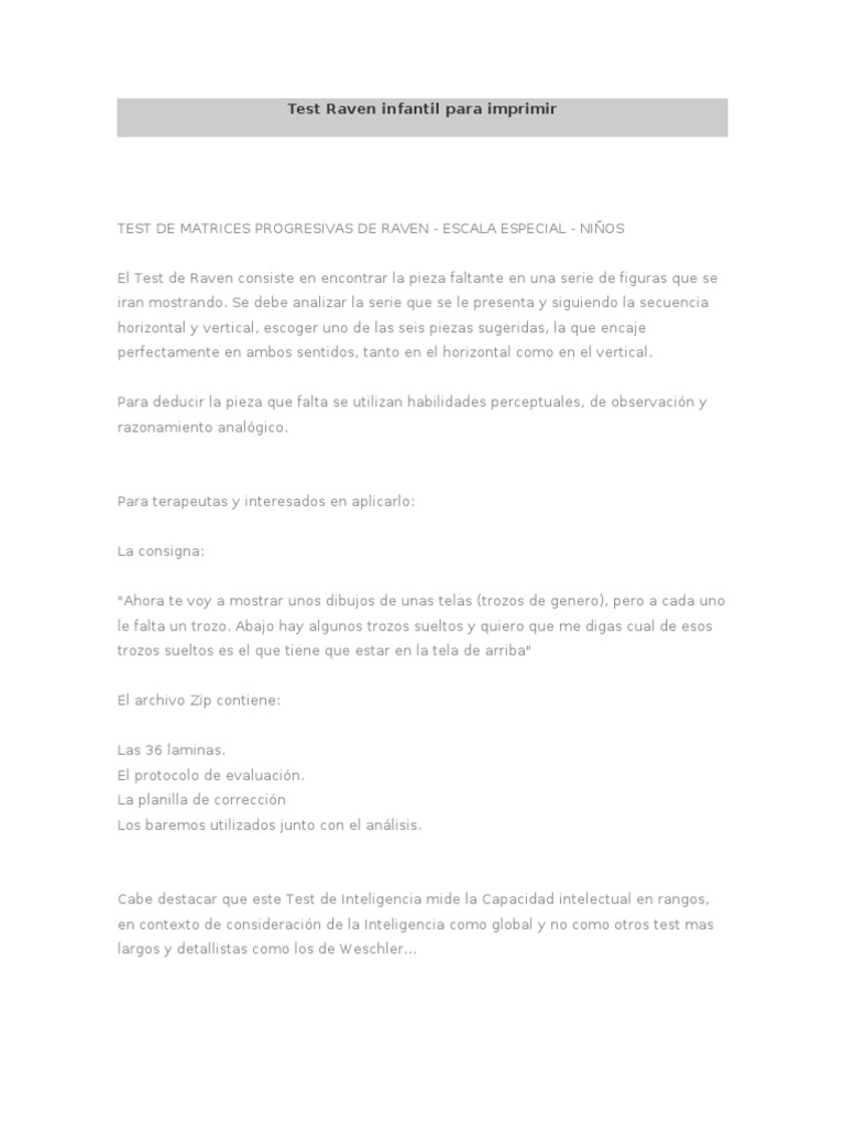 Test Raven Infantil para Imprimir | PDF