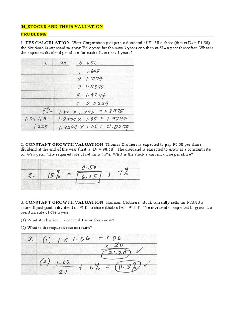 04 - STOCKS AND THEIR VALUATION - PROBLEMS With Answers | PDF ...