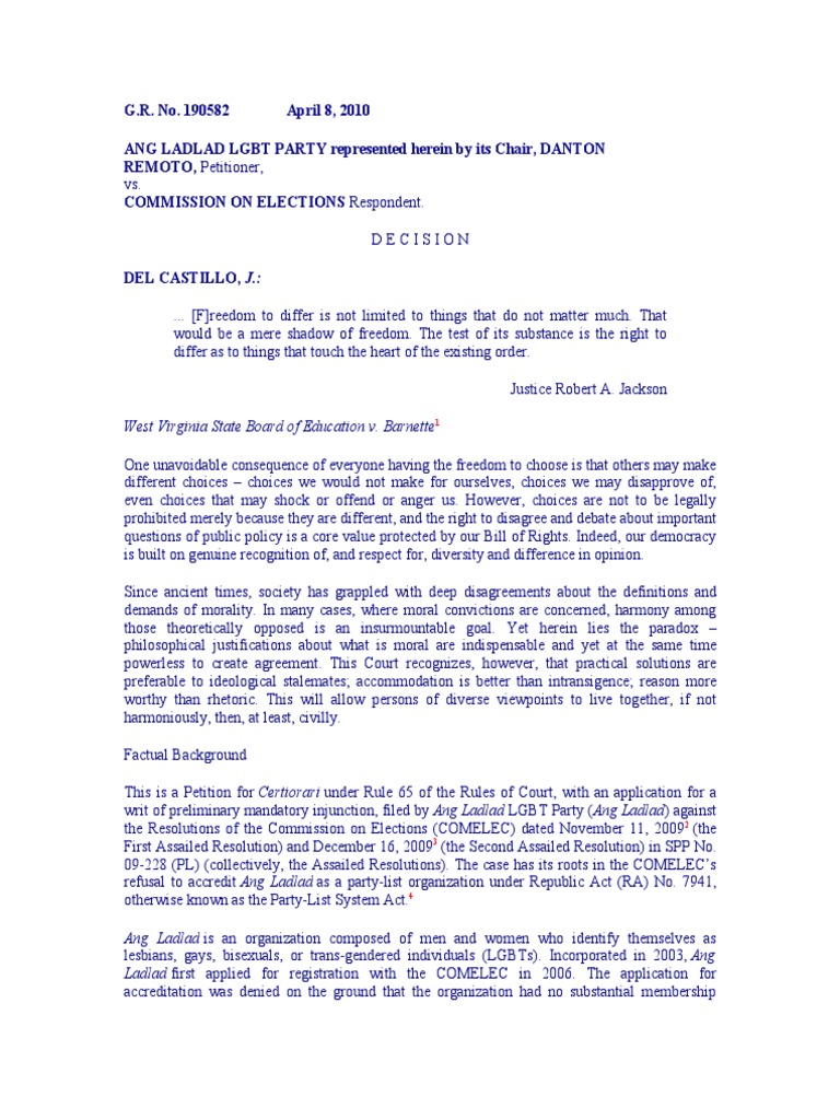 G.R. No. 190582 April 8, 2010 ANG LADLAD LGBT PARTY Represented Herein ...