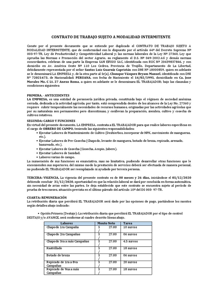 Modelo de Contrato Intermitente | PDF | Derecho laboral | Tiempo de trabajo