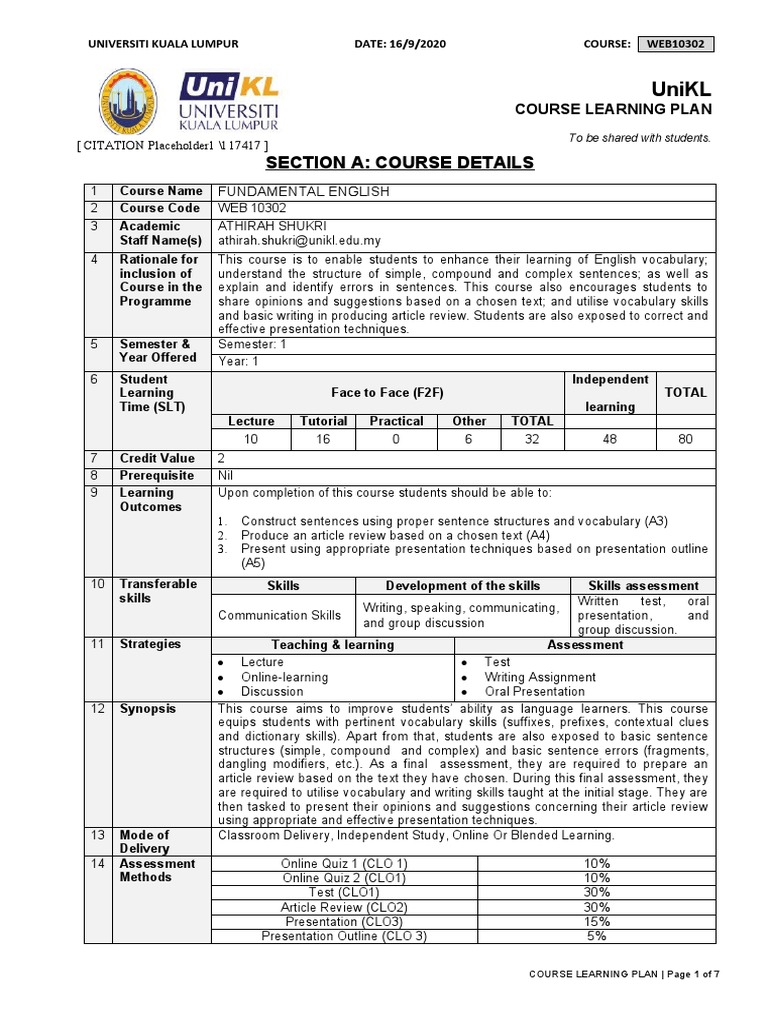 Section A: Course Details: Unikl | Download Free PDF | Lecture | Vocabulary