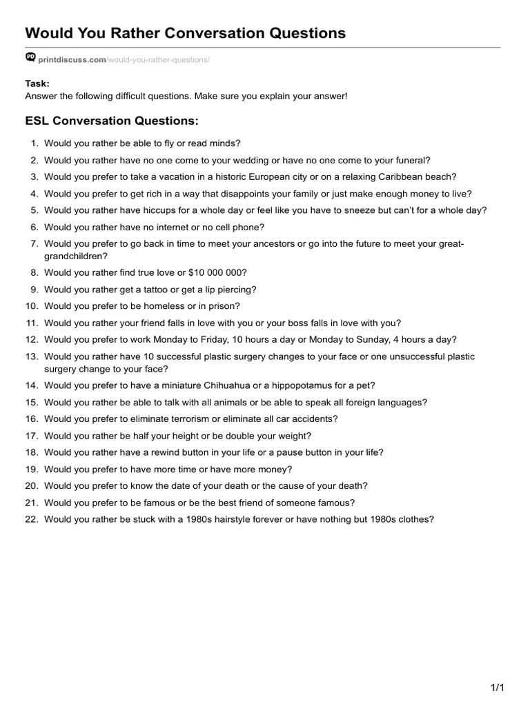 Would You Rather Conversation Questions PDF | PDF