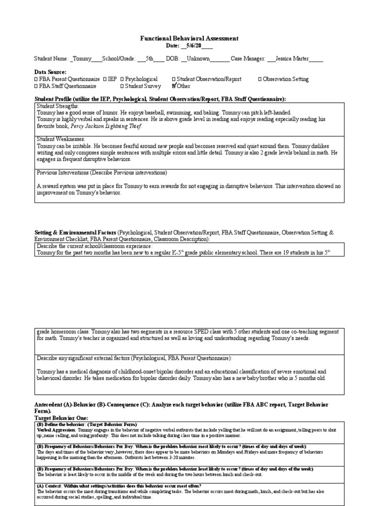 Functional Behavioral Assessment Final | PDF | Behavior | Mental Disorder