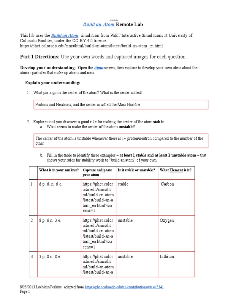 Javier's A.3 Build An Atom - Remote - Lab | PDF | Atoms | Electric Charge