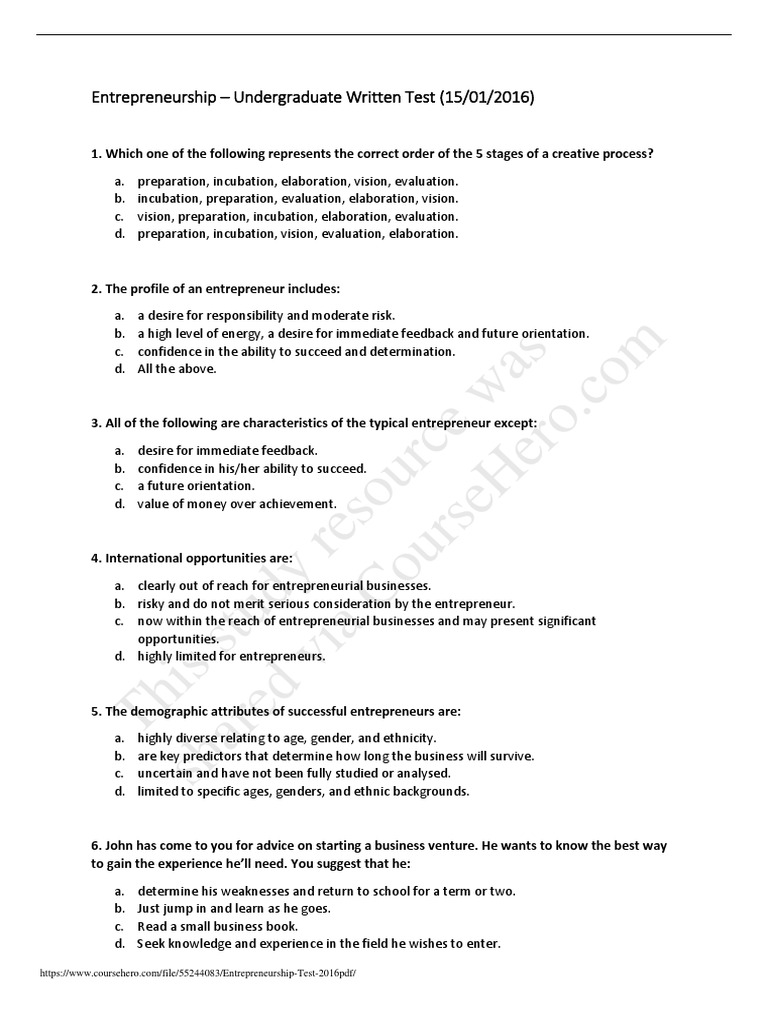 Entrepreneurship Test Questions 2016 | PDF | Entrepreneurship | Economies