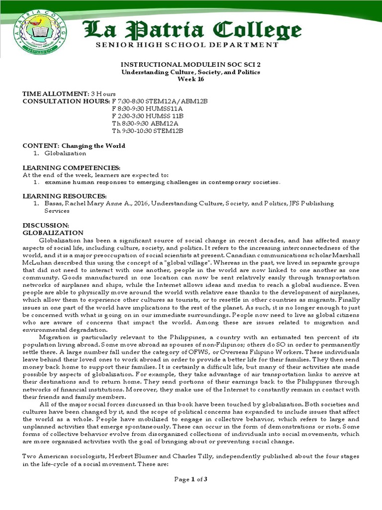Module-Soc Sci 2-Week 16 | PDF | Social Movements | Globalization