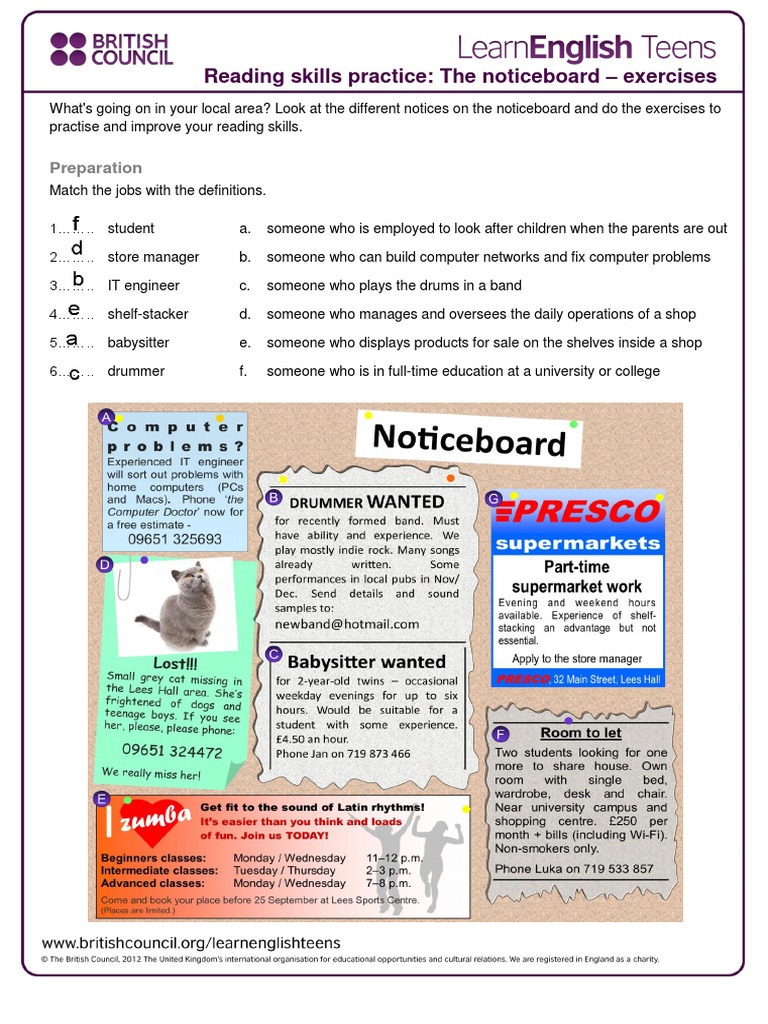 Reading Skills Practice: The Noticeboard - Exercises: Preparation | PDF ...