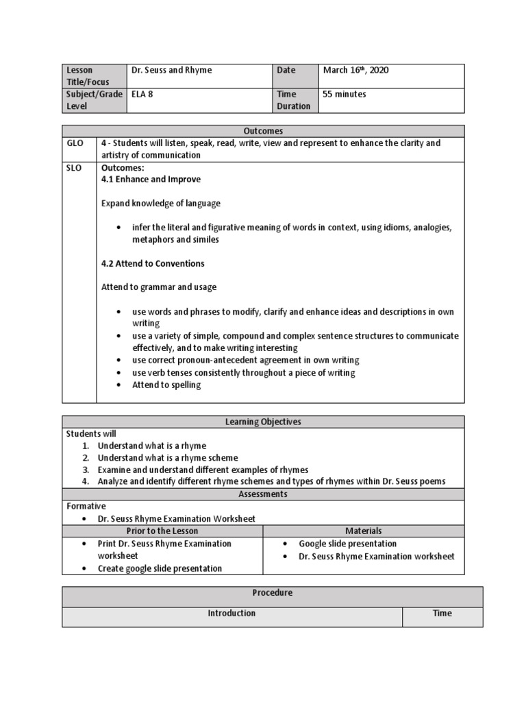 Ela 8 - Rhyme Lesson Plan | PDF | Dr. Seuss | Rhyme
