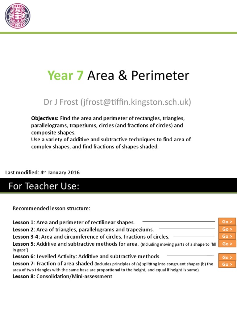 Year 7: Area & Perimeter | PDF | Area | Elementary Mathematics