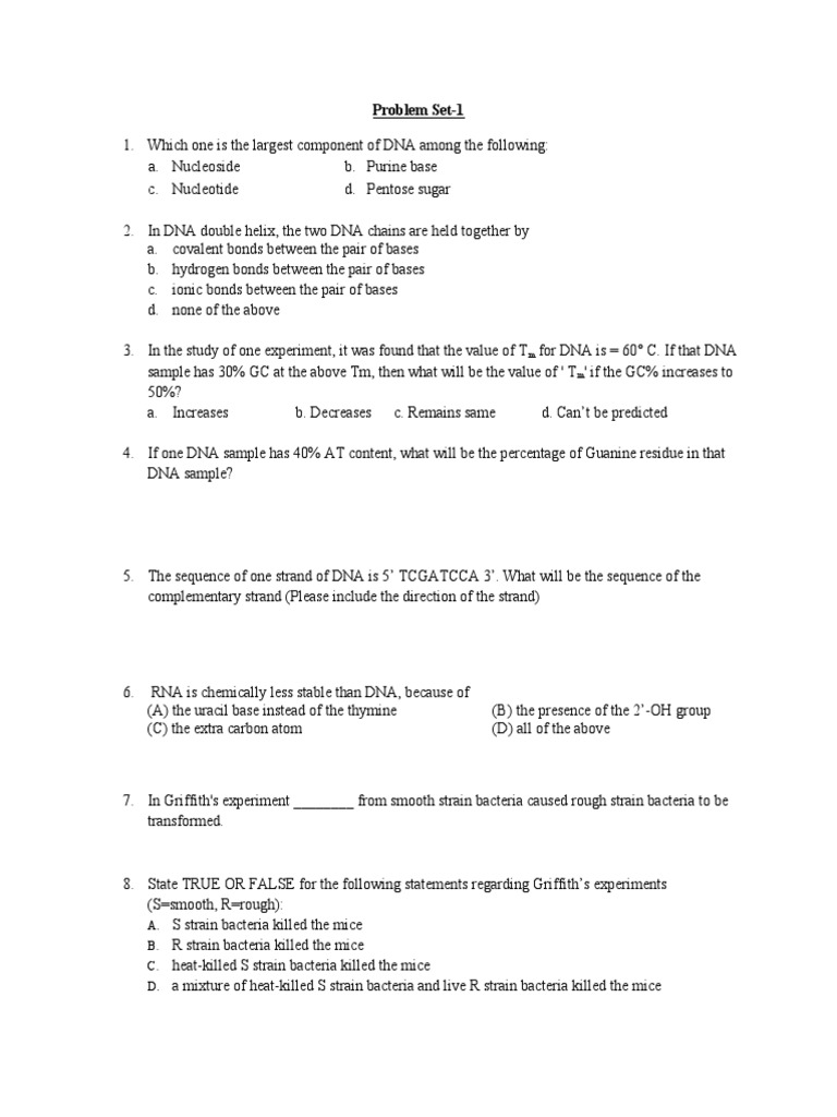 DNA and RNA Concepts Practice Problem Set Covering Key Topics Such as ...