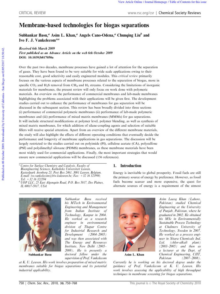 Membrane-Based Technologies For Biogas Separations | PDF | Biogas ...