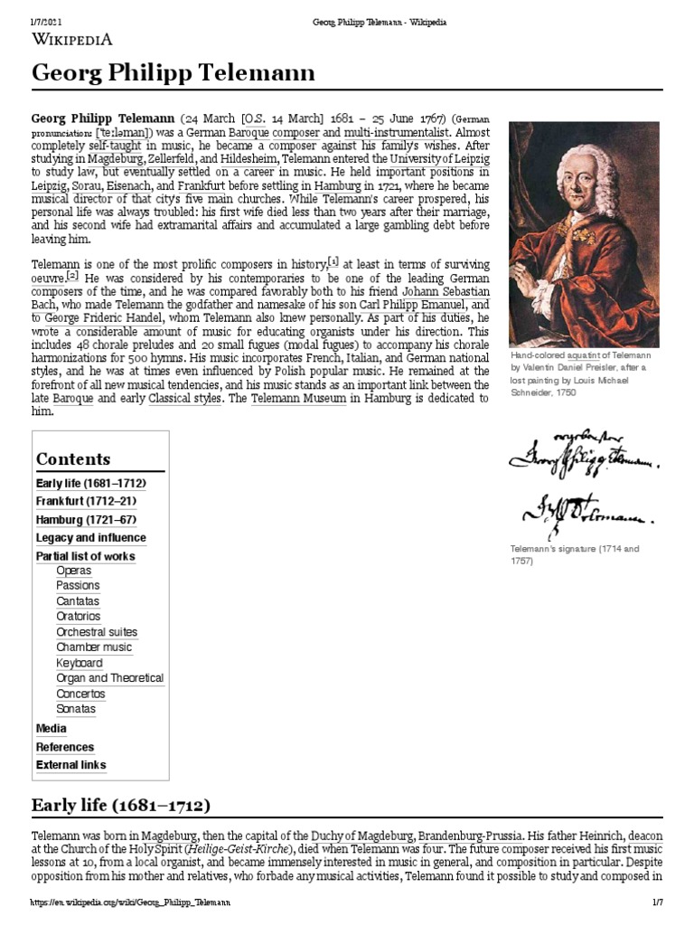 Georg Philipp Telemann (24 March (O.S. 14 March) 1681 - 25 June 1767 ...