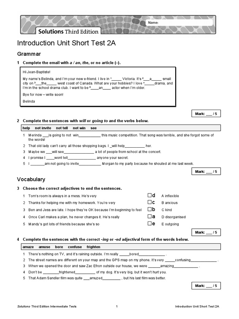 Introduction Unit Short Test 2A: Grammar | PDF | Syntactic ...