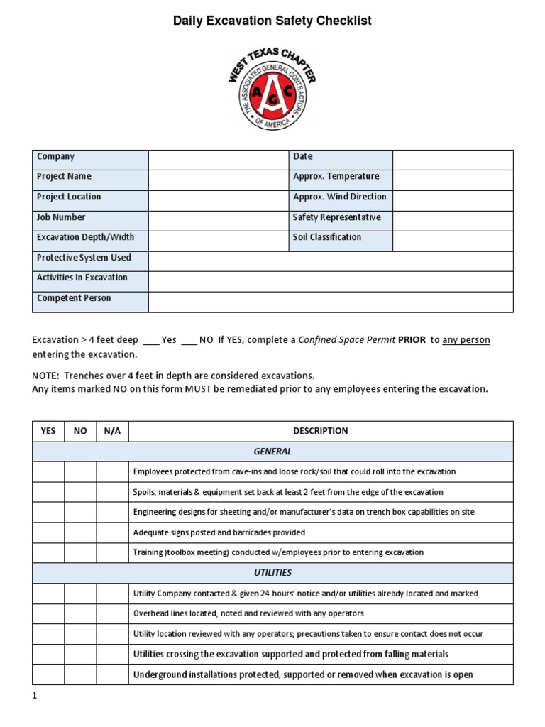 Daily Excavation Safety Checklist | PDF