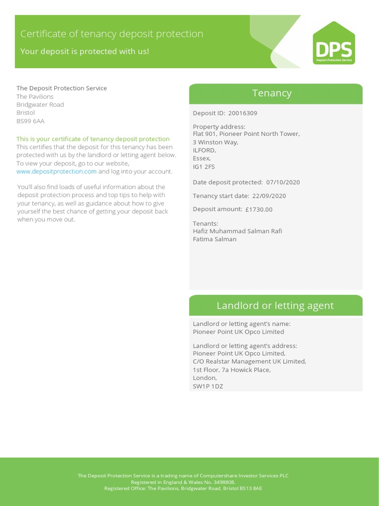 Certificate of Tenancy Deposit Protection: Your Deposit Is Protected ...