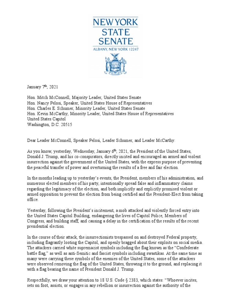 Letter To Congressional Leaders Regarding Insurrection at The US ...