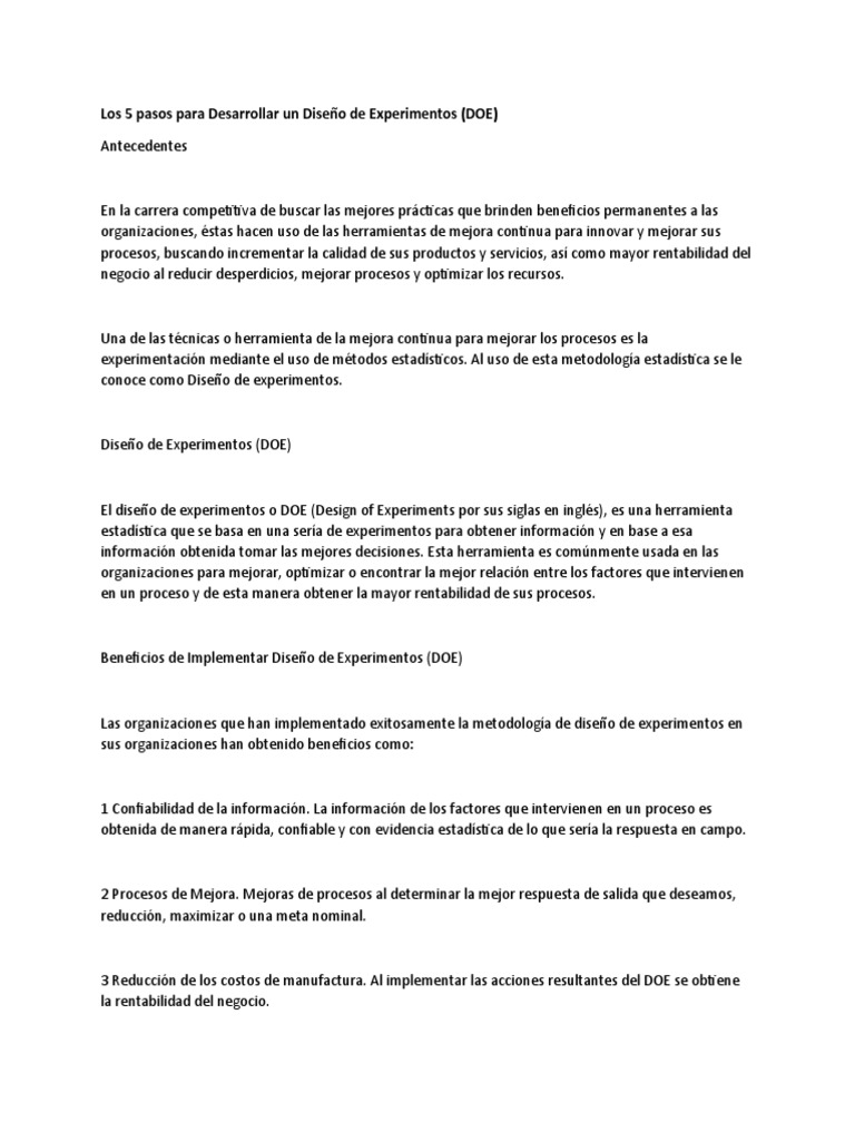 5 Pasos para un Diseño de Experimentos DOE | PDF | Diseño de ...
