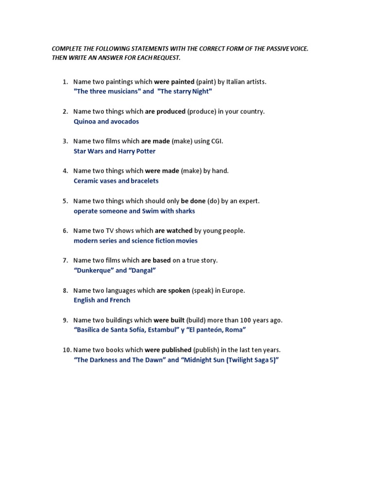 Complete The Following Statements With The Correct Form of The Passive ...