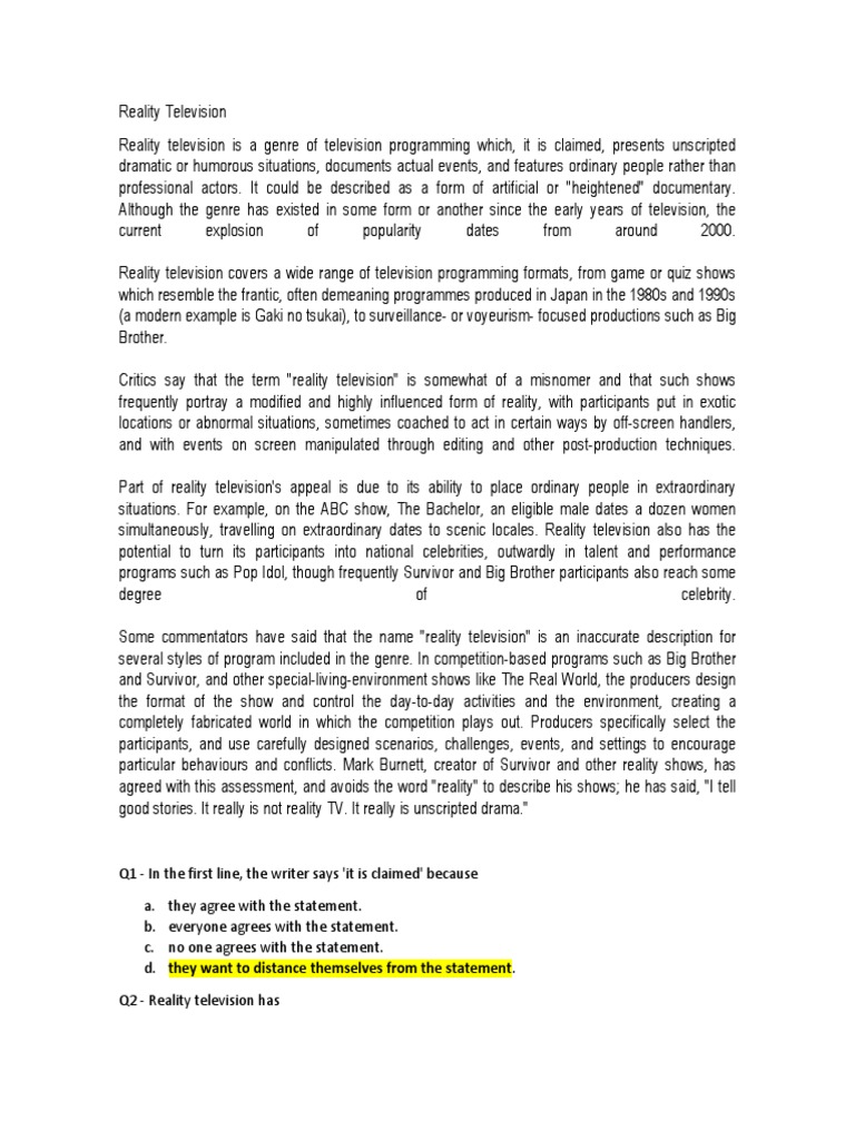 Reading Comprehension Exercise - Reality Television | PDF