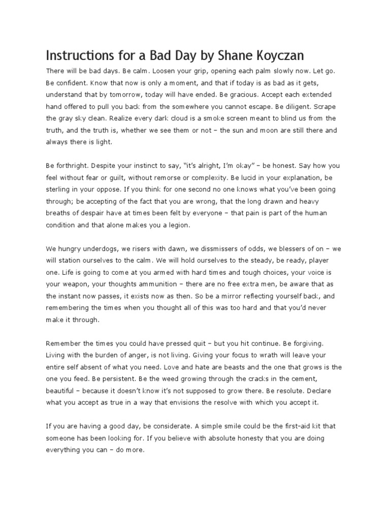 Instructions For A Bad Day by Shane Koyczan | PDF
