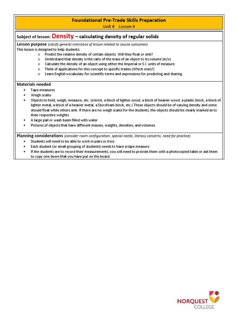 Lesson Plan Density March 7b | PDF | Density | Volume