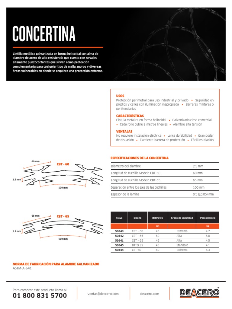 Concertina Deacero Ficha Tecnica | PDF | Cable | Bienes manufacturados
