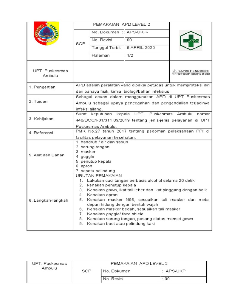 Sop Pemakaian Apd Level 2 | PDF