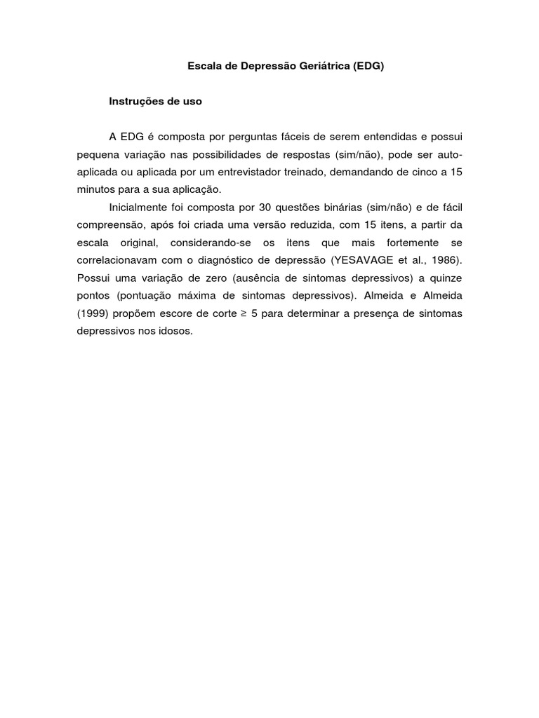 Instruções de uso e escala da versão reduzida da Escala de Depressão ...