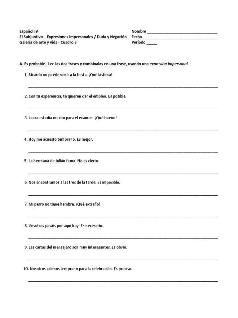 Ejercicios de Subjuntivo e Impersonales | PDF | Artes del Lenguaje y ...