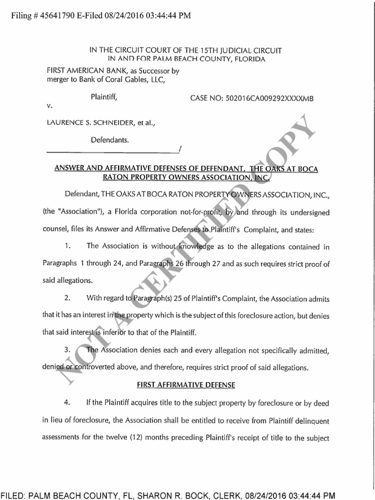 Answer and Affirmative Defenses-Def. Oaks at Boca Raton, Aug. 24, 2016 ...