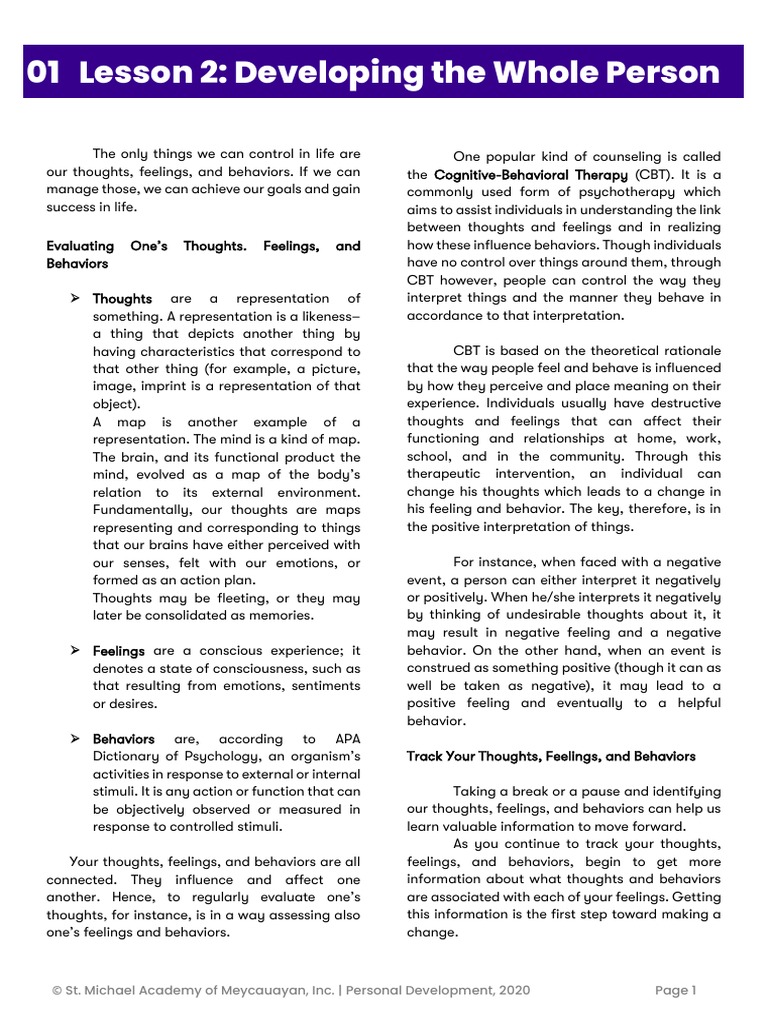 Lesson 2 Developing The Whole Person 2.0 Handout | PDF | Thought | Feeling