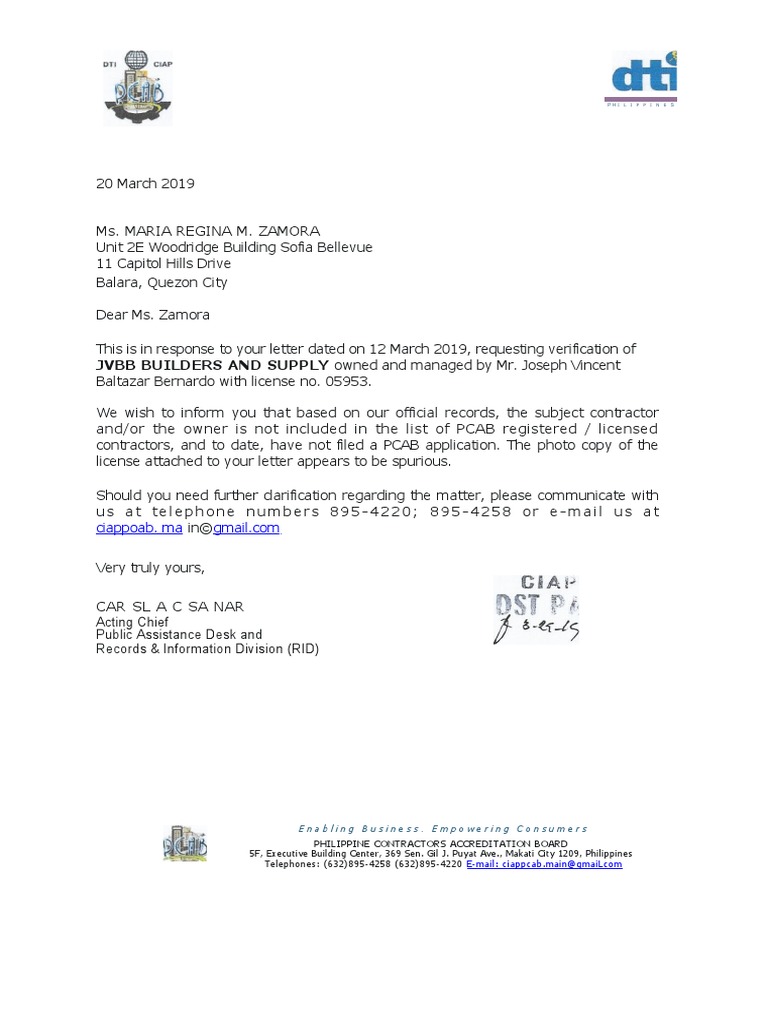 PCAB license verification Philippines | PDF