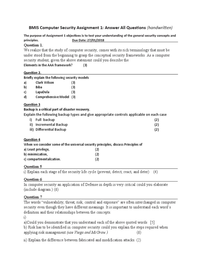 BMIS Computer Security Assignment 1: Answer All Questions (Handwritten) | PDF
