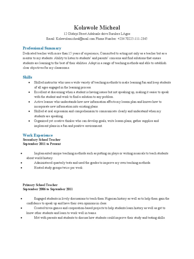 Kolawole Micheal: Professional Summary | PDF | Teaching Method | Lesson ...