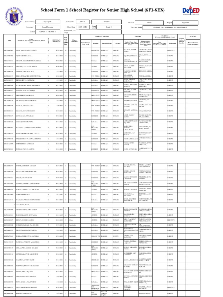 School Form 1 School Register For Senior High School (SF1-SHS) | PDF