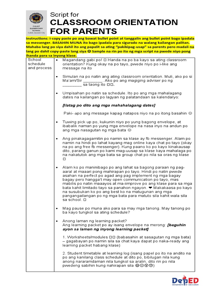 Script For Parents Orientation - For Sharing | PDF
