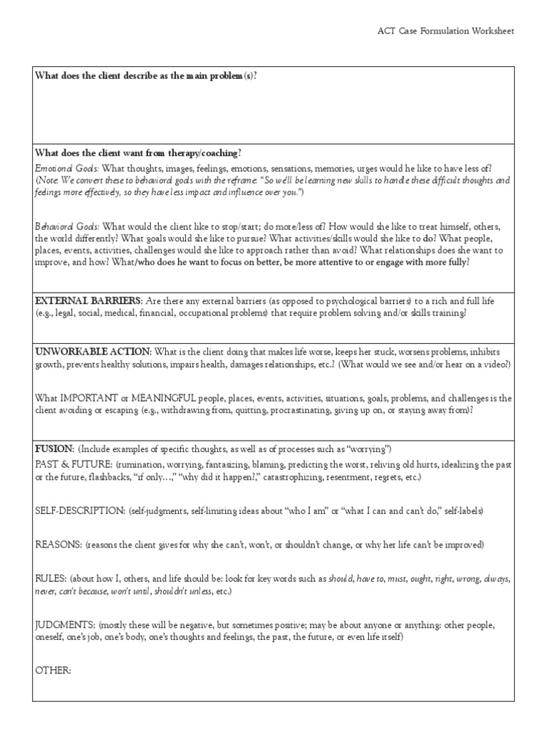 ACT Case Formulation Worksheet | PDF | Feeling | Goal