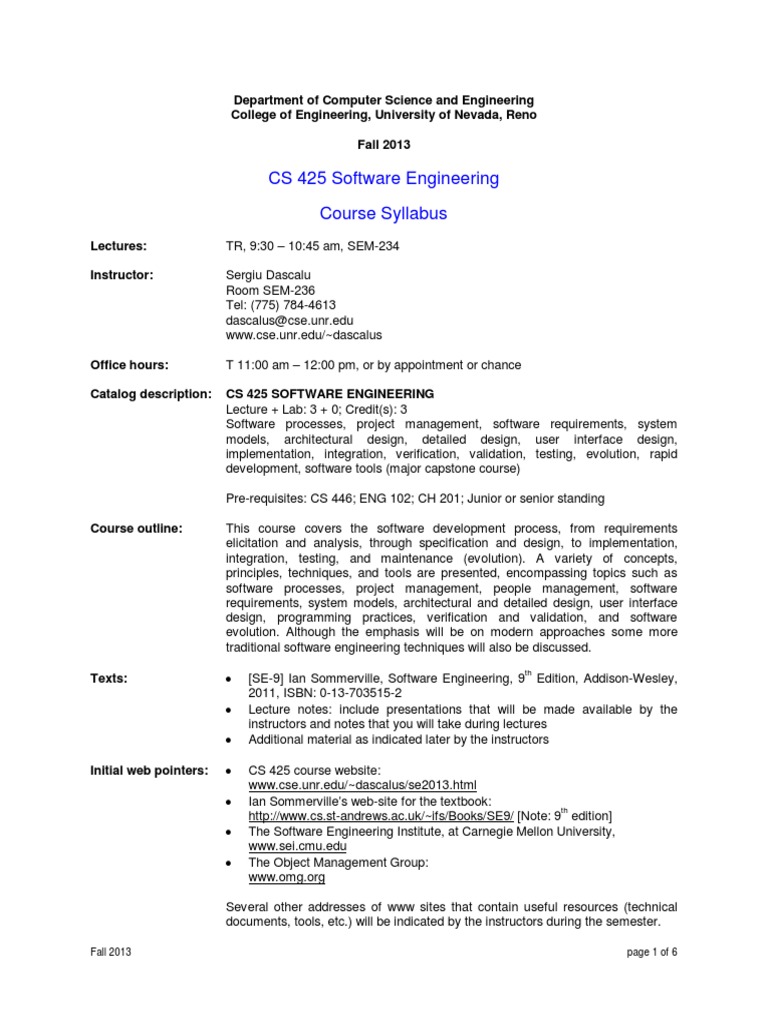 CS 425 Software Engineering Course Syllabus | PDF | Engineering | Design