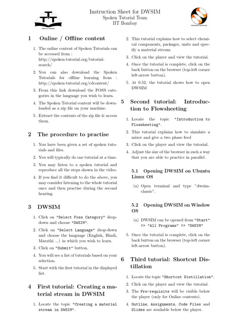 Instruction Sheet For DWSIM: Spoken Tutorial Team IIT Bombay | PDF | System Software | Software