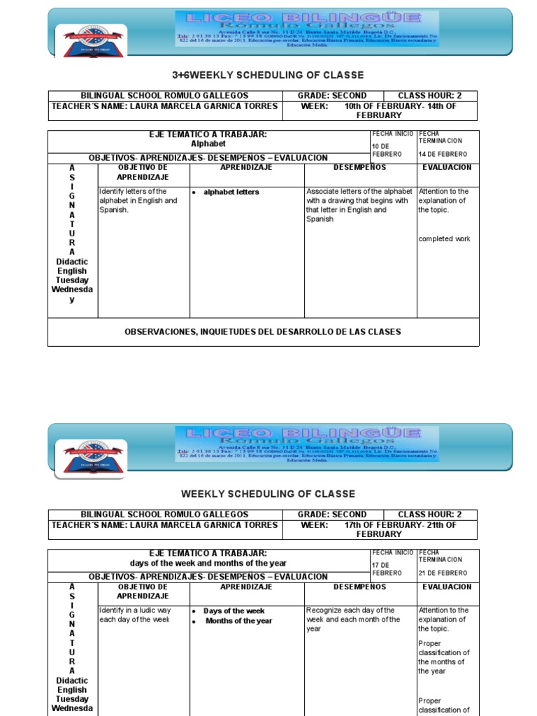 WEEKLY SCHEDULING OF CLASSE Didactic English | PDF