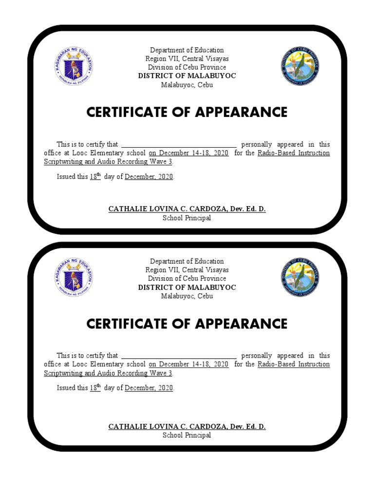 Certificate of Appearance Sample | PDF