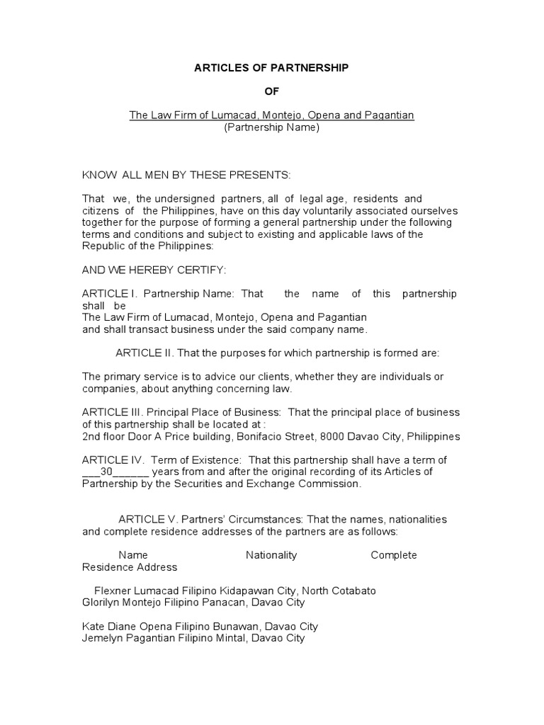 Articles of Partnership | PDF | Partnership | Philippines