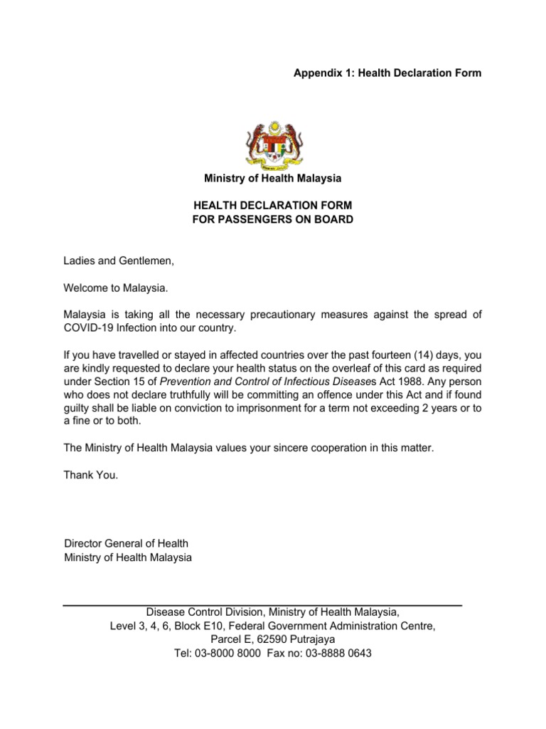 Malaysia Passenger Health Declaration Form | PDF | Epidemiology ...