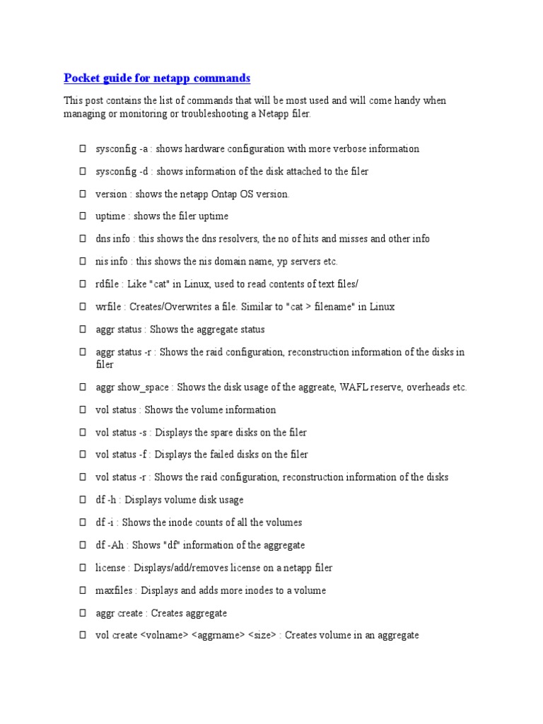 Pocket Guide For Netapp Commands | PDF | Software Development | Utility Software