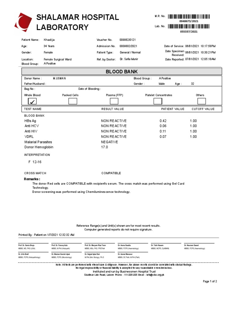Shalamar Hospital Laboratory: Blood Bank | PDF | Blood Type | Blood Plasma