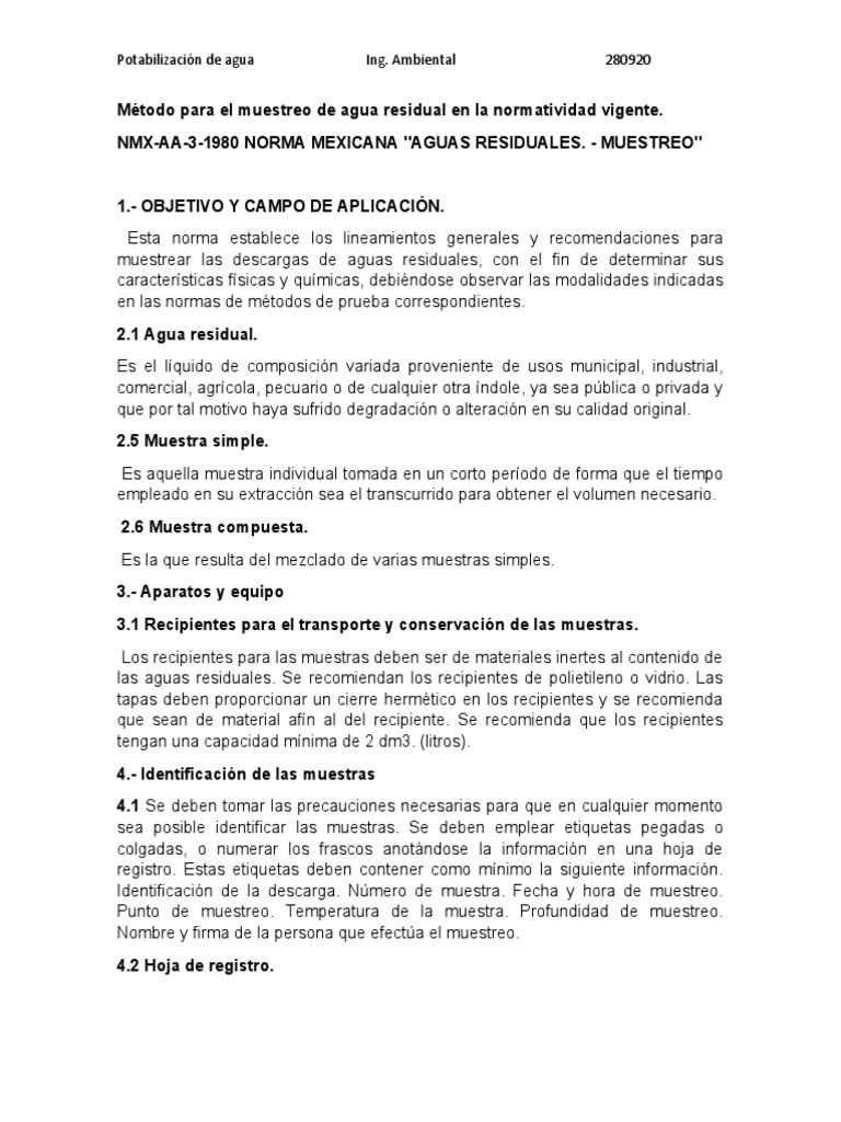 Método para El Muestreo de Agua Residual en La Normatividad Vigente | PDF | Aguas residuales ...