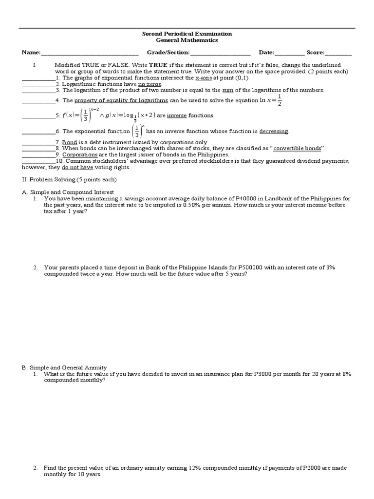 Second Periodical Exam Gen. Math | PDF | Bonds (Finance) | Interest