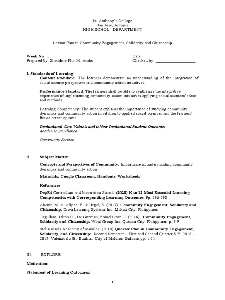 Lesson Plan in CESC Week 1 | PDF | Lesson Plan | Social Science